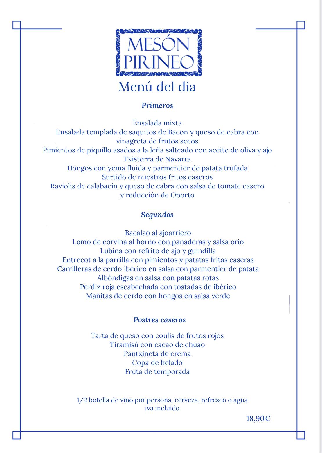 Carta del pub y bar Mesón Pirineo, Pamplona