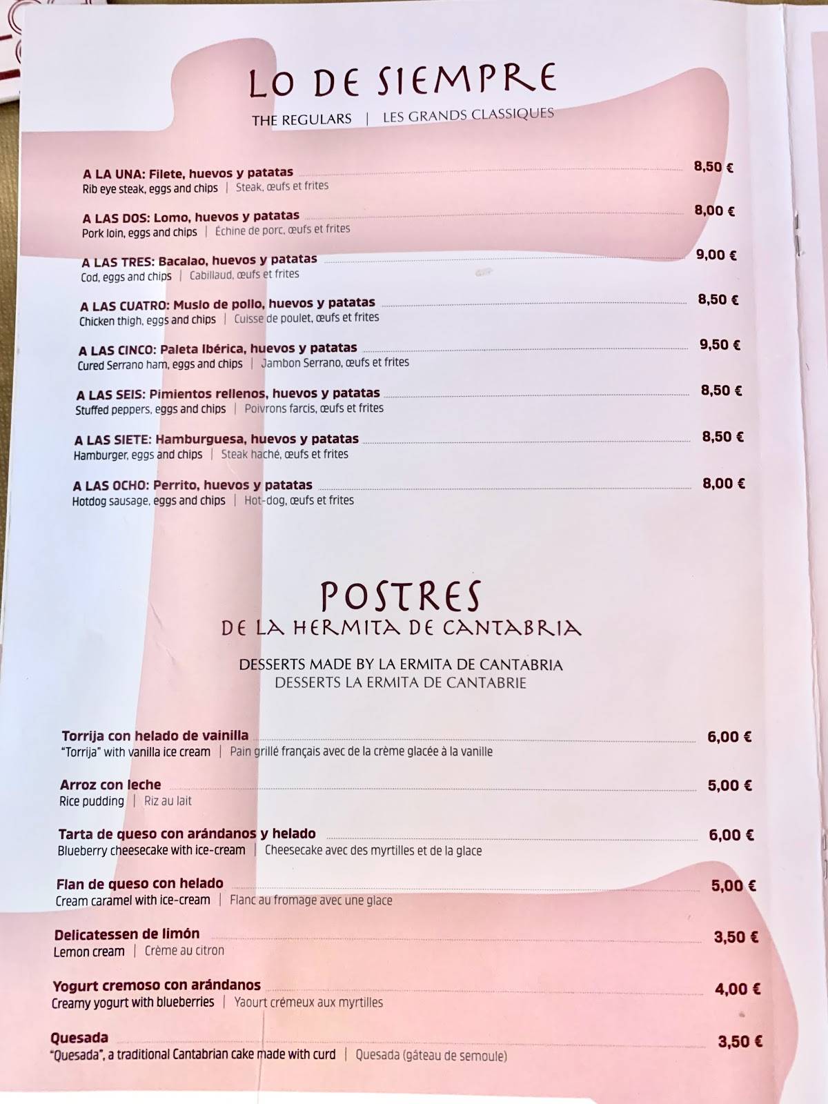 Carta de Meson -restaurante el ojancano, Santillana del Mar