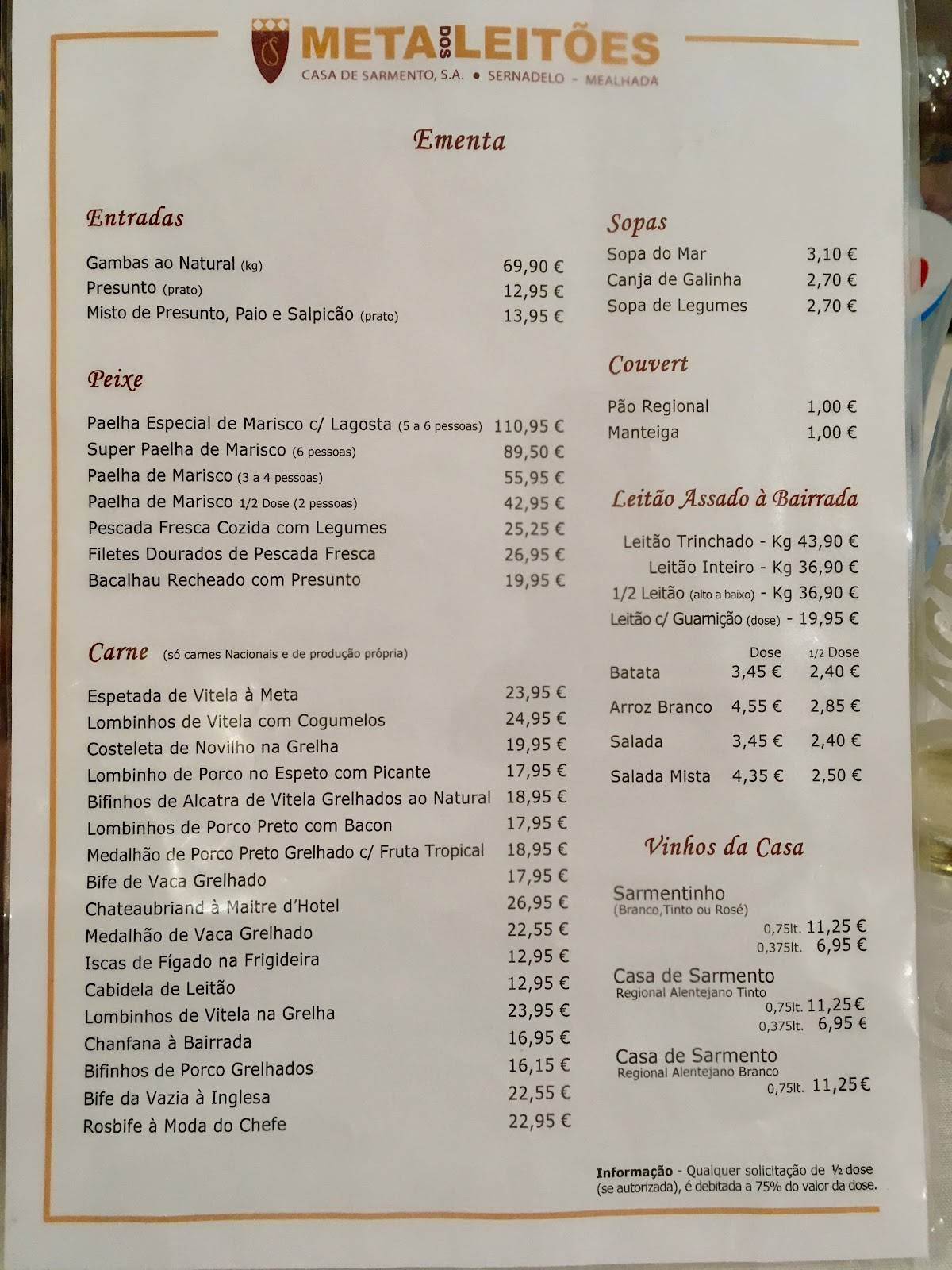 Menu at Meta dos Leitões restaurant, Mealhada, Estrada Nacional N° 1