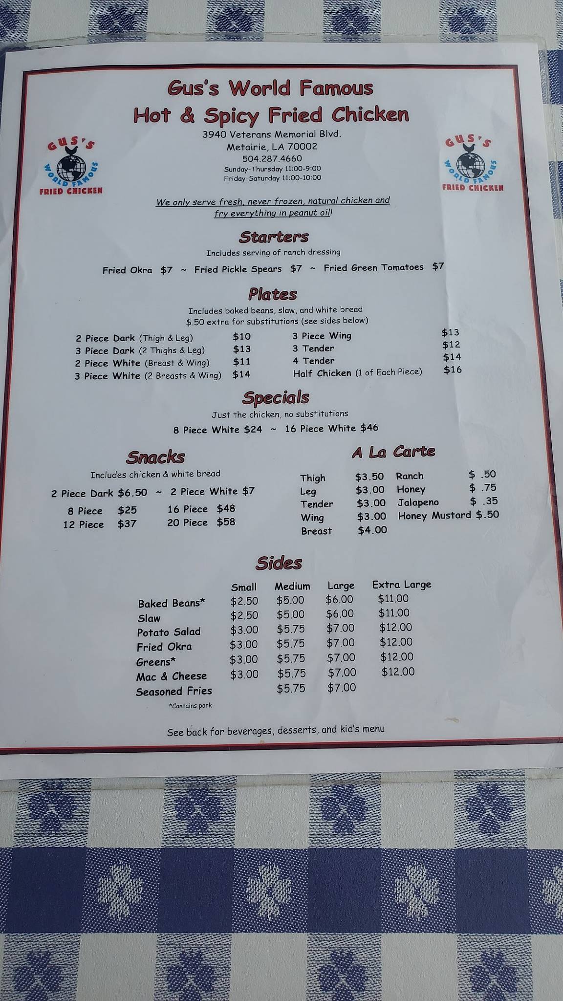 Menu at Gus's World Famous Fried Chicken restaurant, Metairie