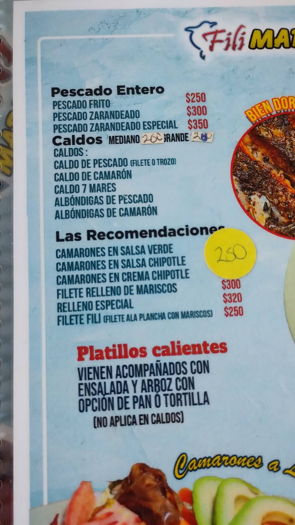 Carta del restaurante Fili Mariscos, Mexicali