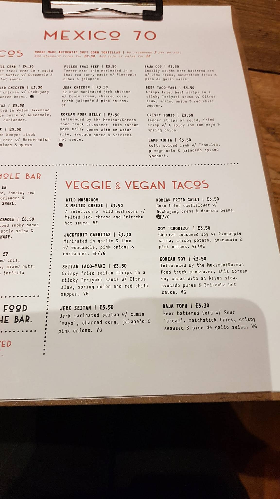 Menu at Mexico 70 restaurant, Sunderland