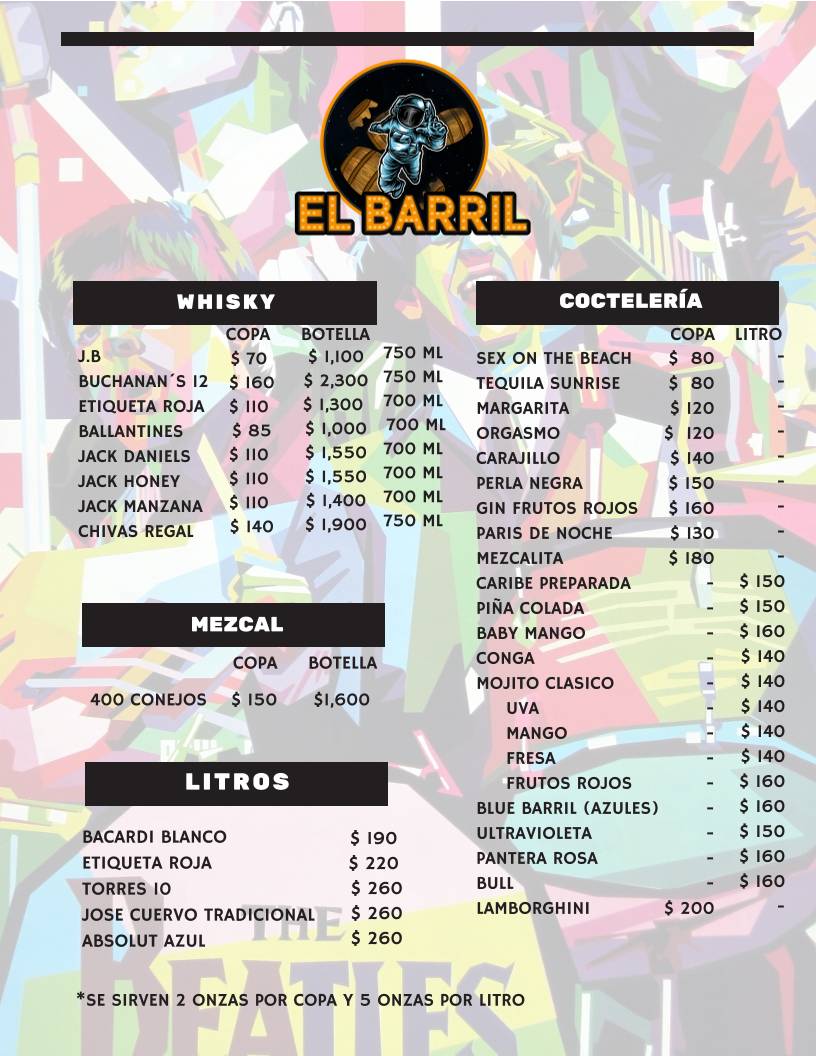 Menu at El Barril Tezontle, Mexico City