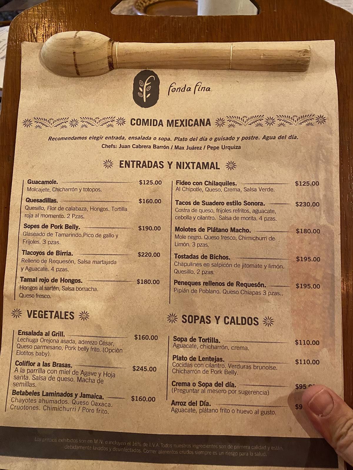 Menu at Fonda Fina restaurant, Ciudad López Mateos