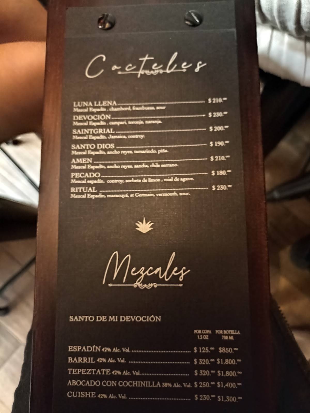 Menu at Mezcalería Santo de mi Devoción pub & bar, Oaxaca