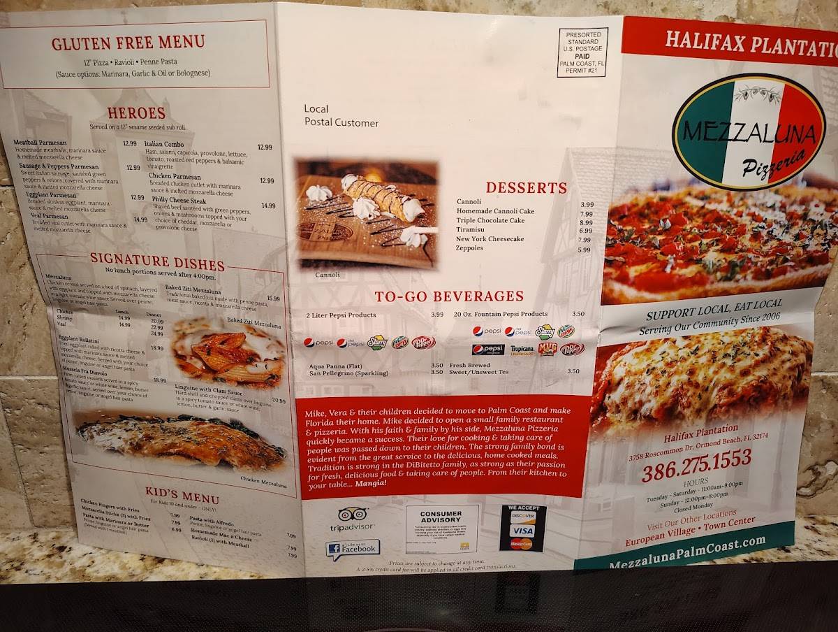 Menu at Mezzaluna Pizzeria at Halifax Plantation, Ormond Beach ...