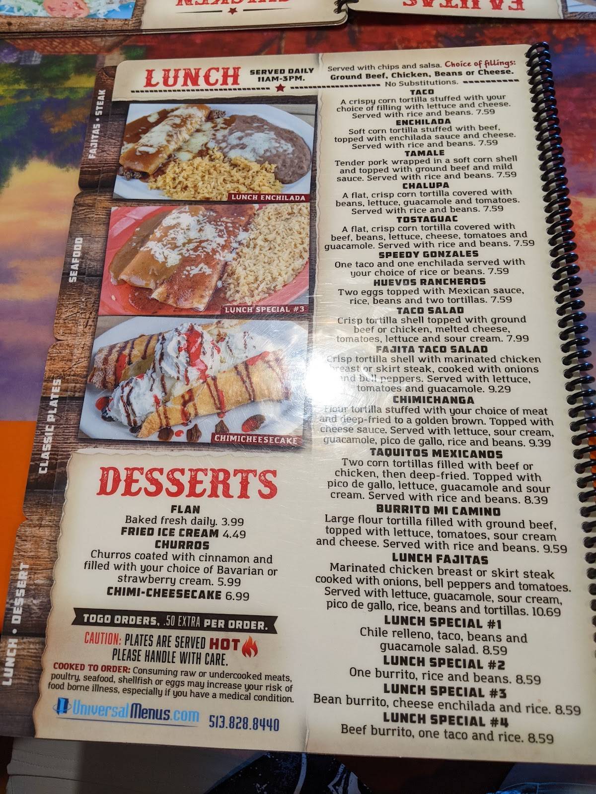 Menu at Mi Camino Real restaurant, Maysville, US-68