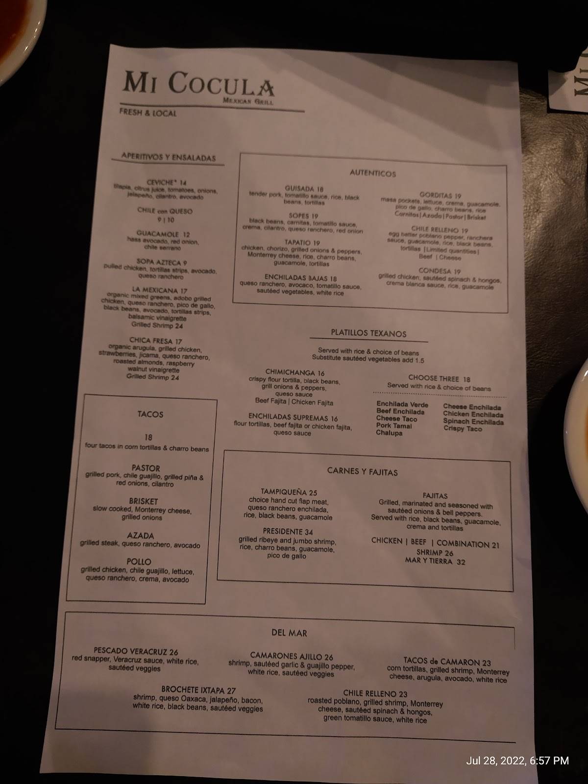 Menu at Mi Cocula Mexican Grill restaurant, Fort Worth