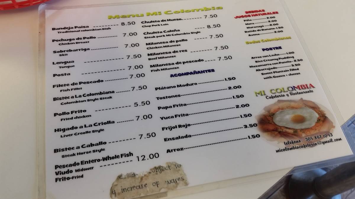 Menu at Mi Colombia cafeteria Miami Beach, Miami Beach