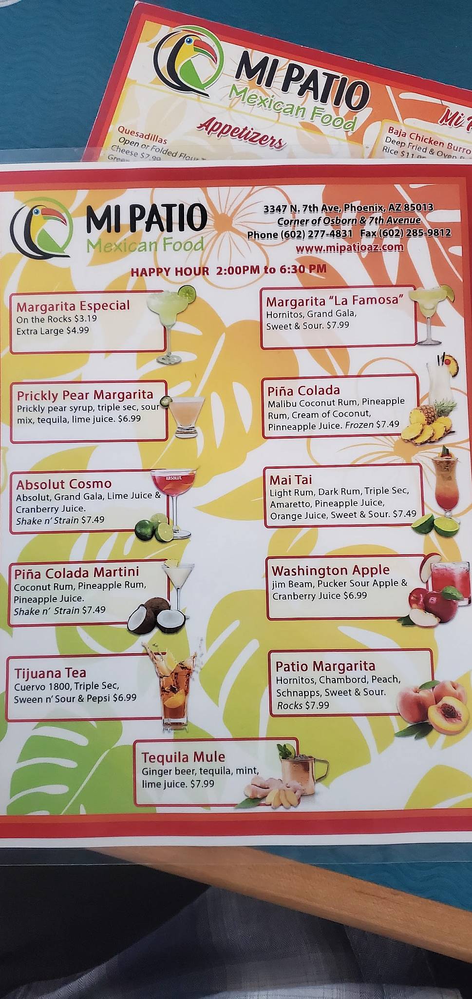 Menu at Mi Patio Mexican Restaurant, Phoenix