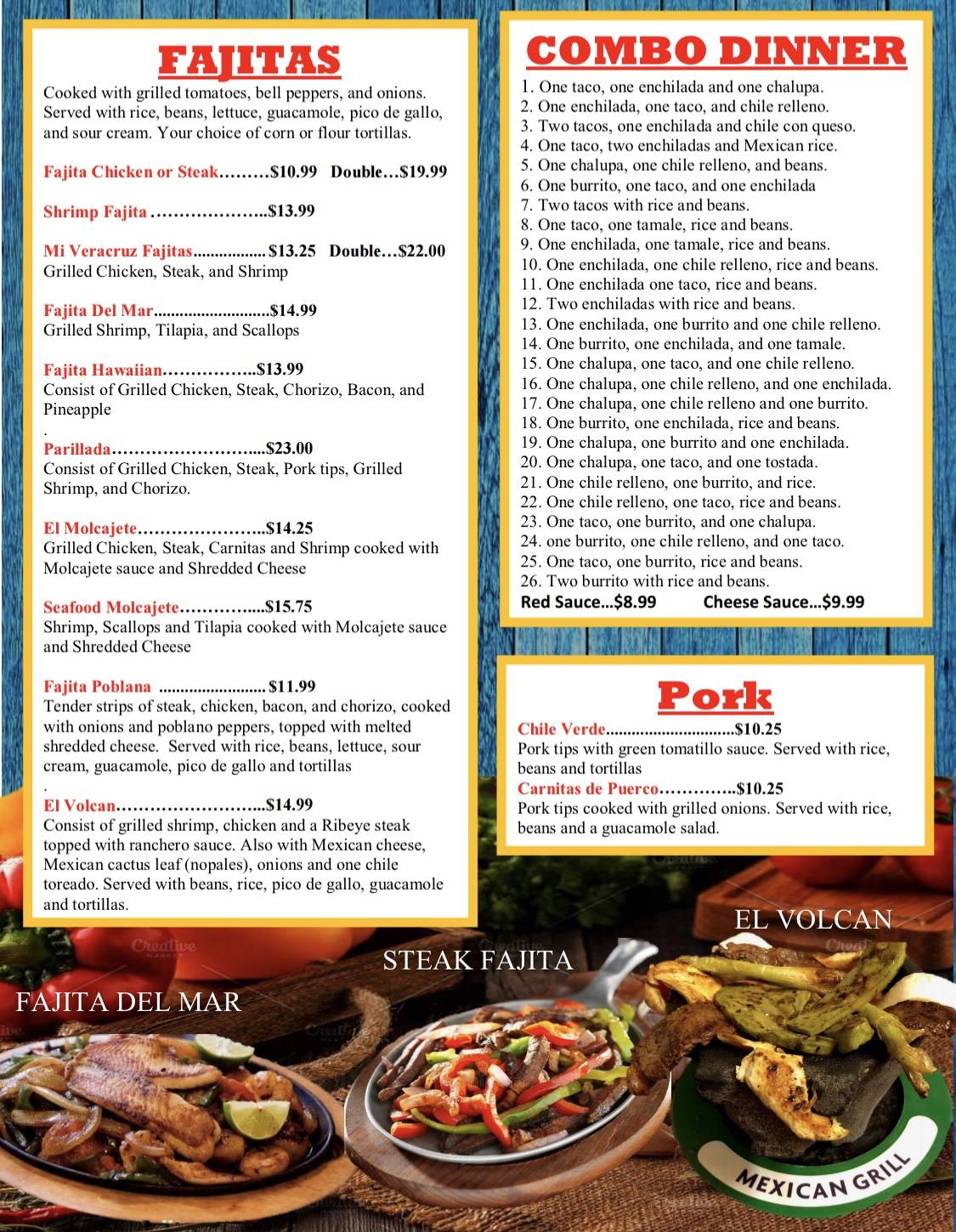 Menu at Mi Veracruz Mexican Grill restaurant, Tuscola