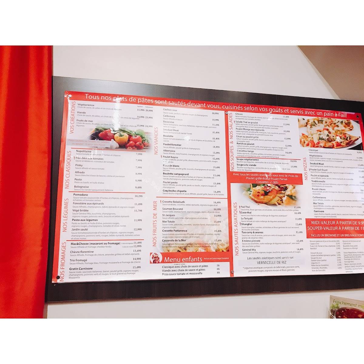 Menu au Mia Pasta - Québec restaurant, Québec