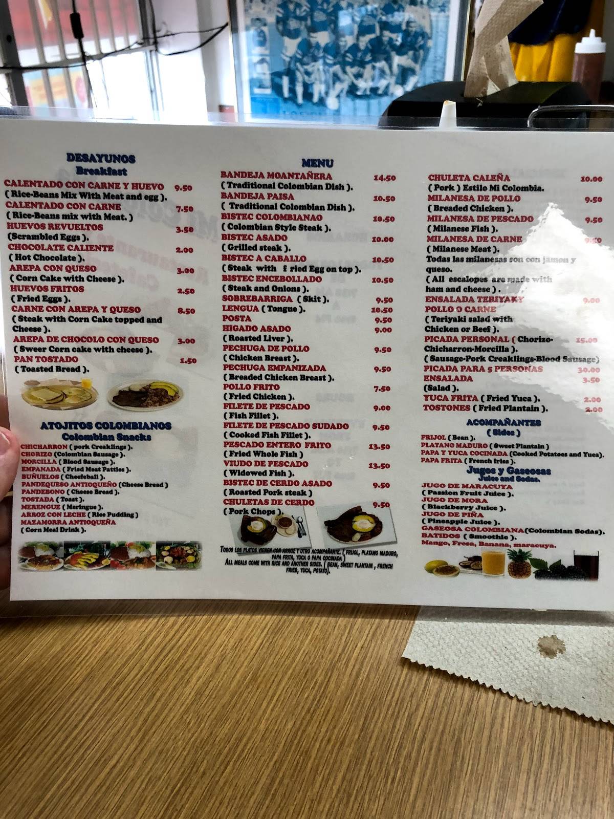 Menu at Mi Colombia cafeteria Miami Beach, Miami Beach