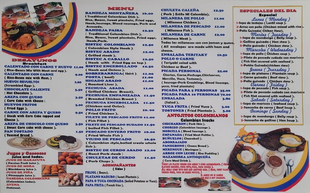 Menu at Mi Colombia cafeteria Miami Beach, Miami Beach