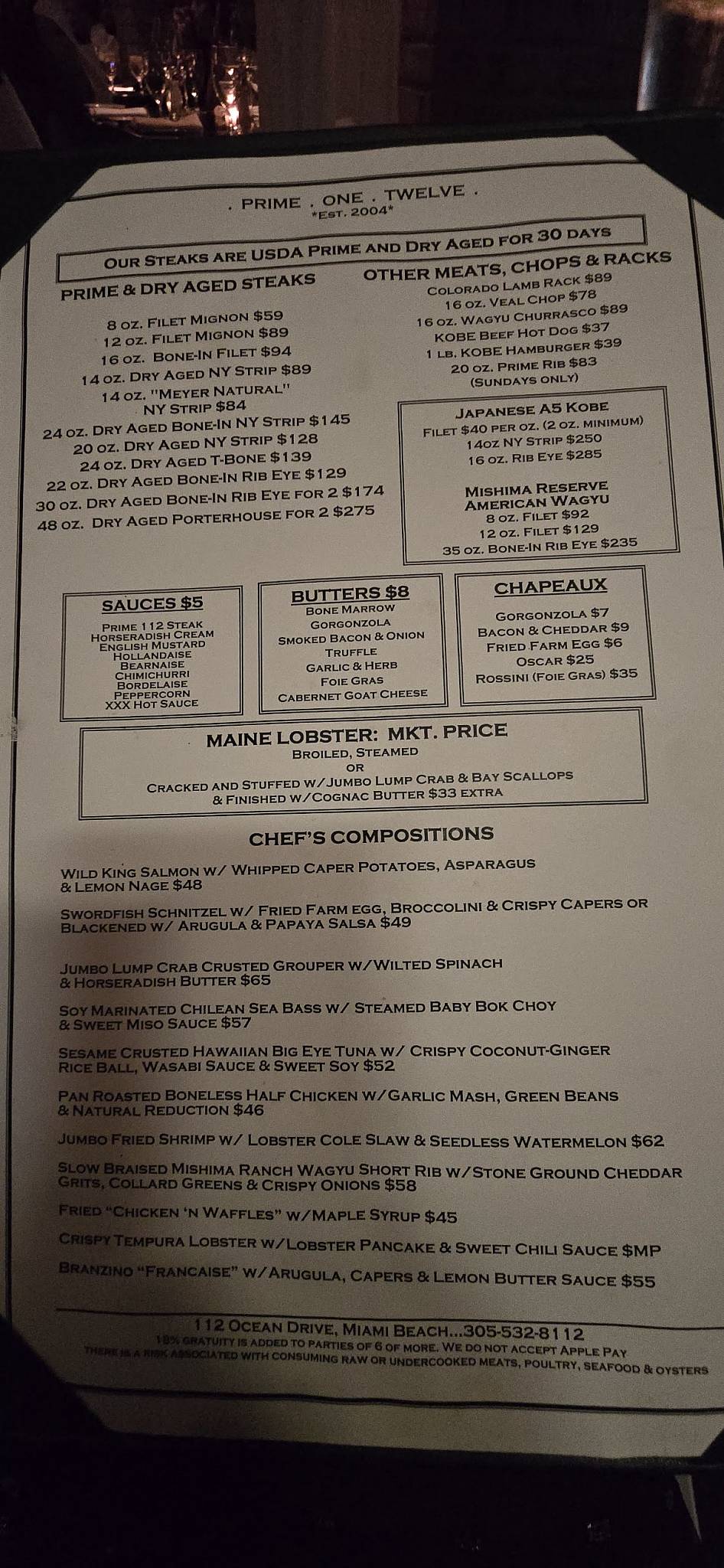 Menu at Prime 112 Restaurant, Miami Beach