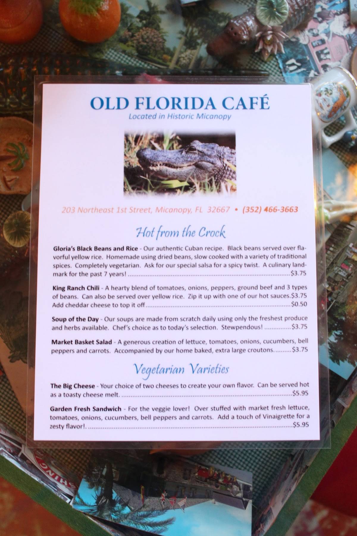Menu at Old Florida Cafe, Micanopy, 203 NE Cholokka Blvd