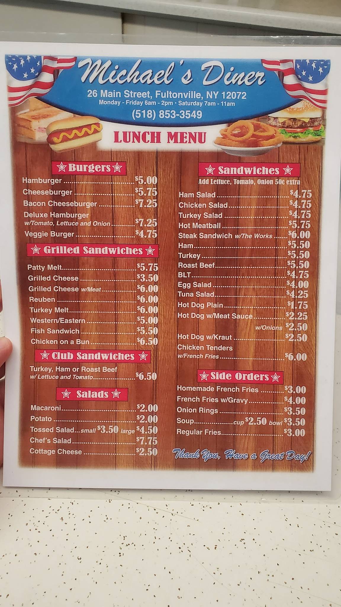 Menu at Michael's Diner restaurant, Fultonville