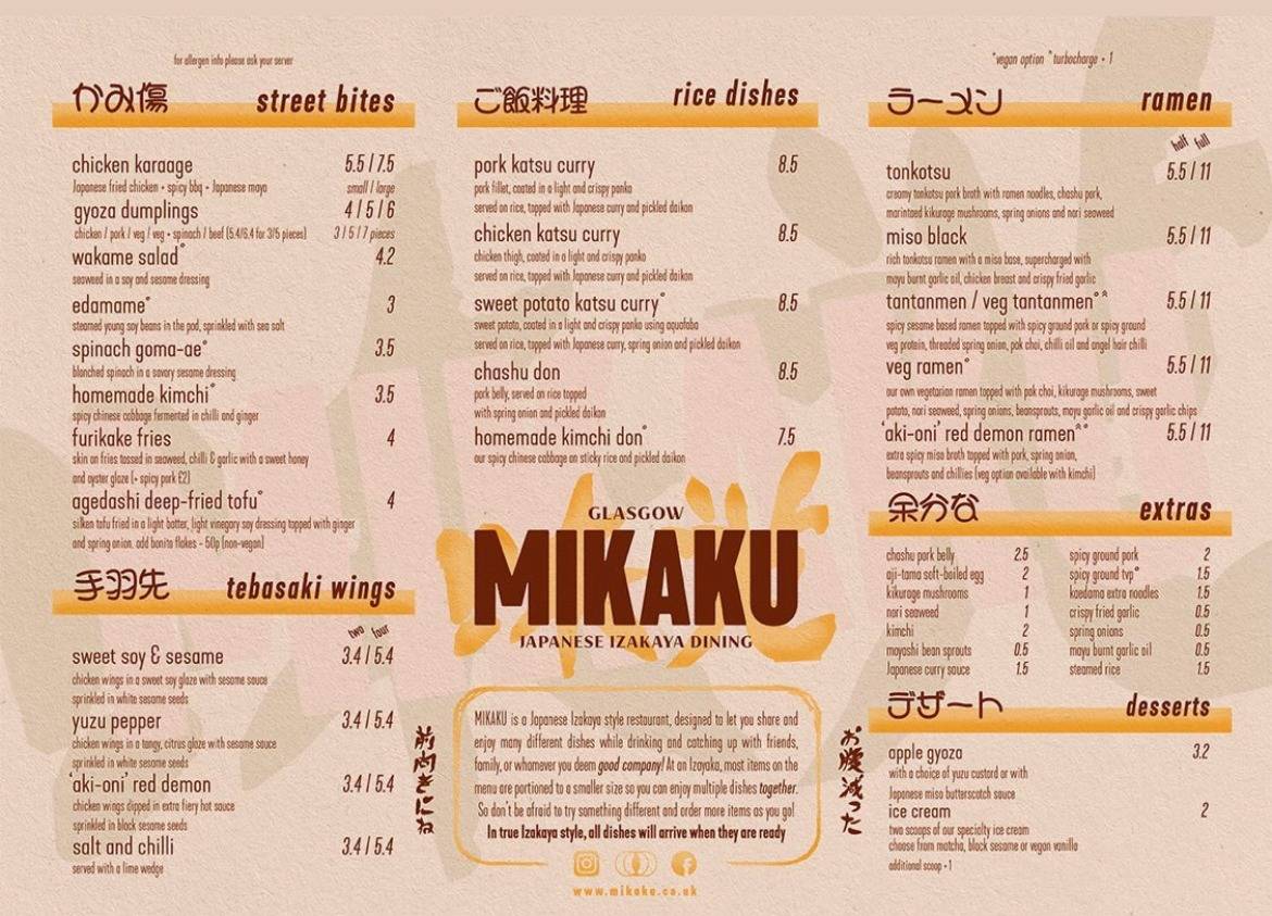 Menu at Mikaku restaurant, Glasgow
