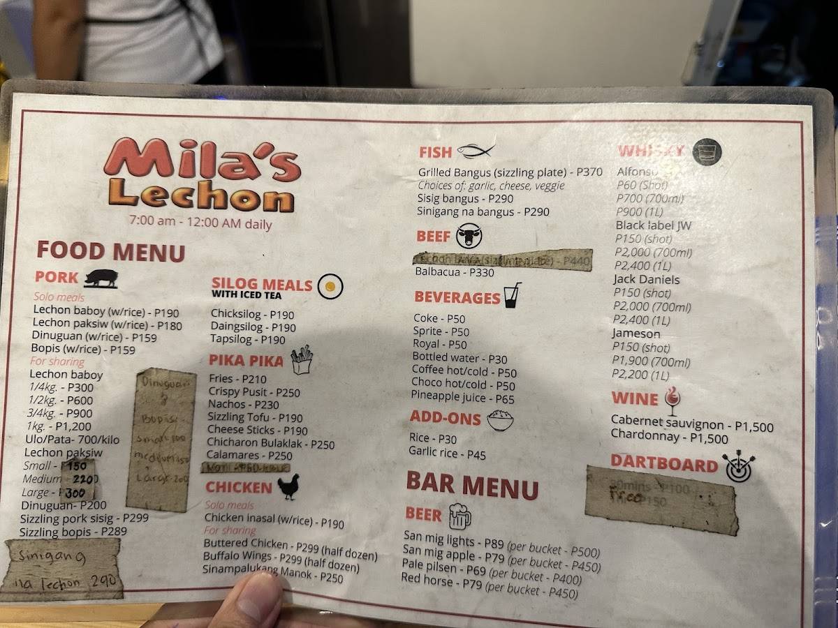Menu at Mila's Lechon restaurant, San Juan