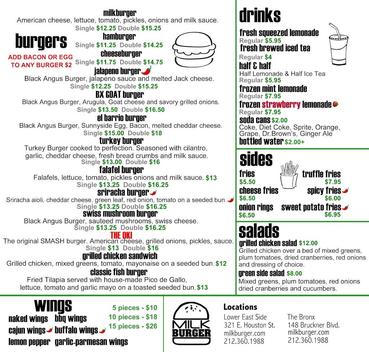 Menu at Milk Burger fast food, New York City, 321 E Houston St