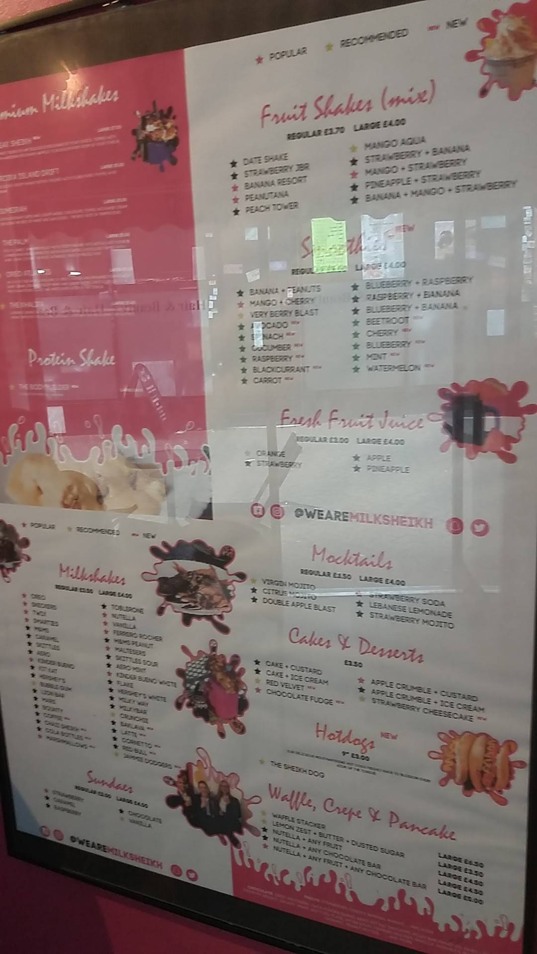 Carta del restaurante Milk Sheikh, Londres