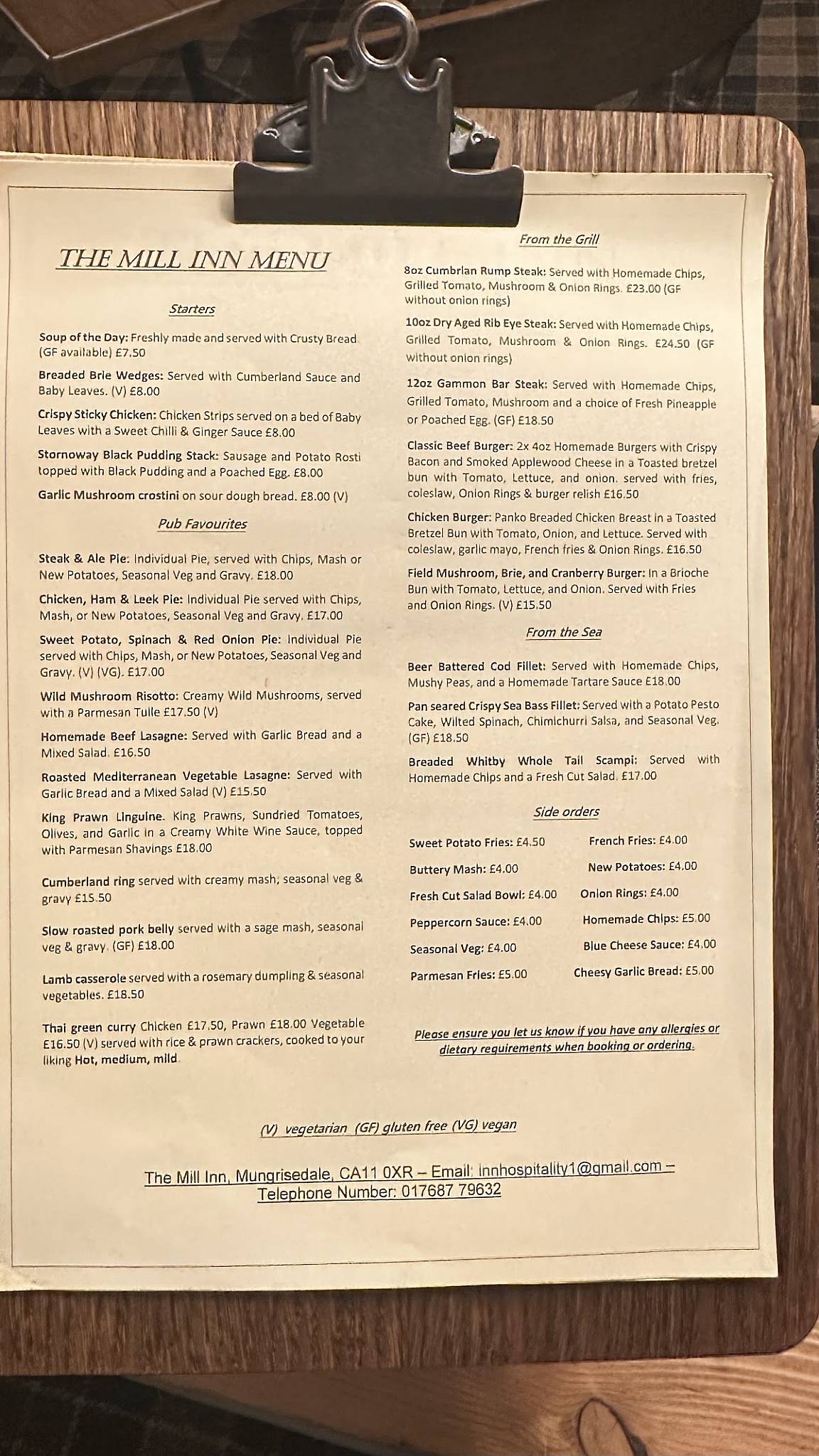 Menu at Mill Inn, Mungrisdale pub & bar, Mungrisdale, Mungrisdale