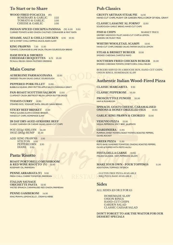 Menu at Millers Barn Brigg, Brigg