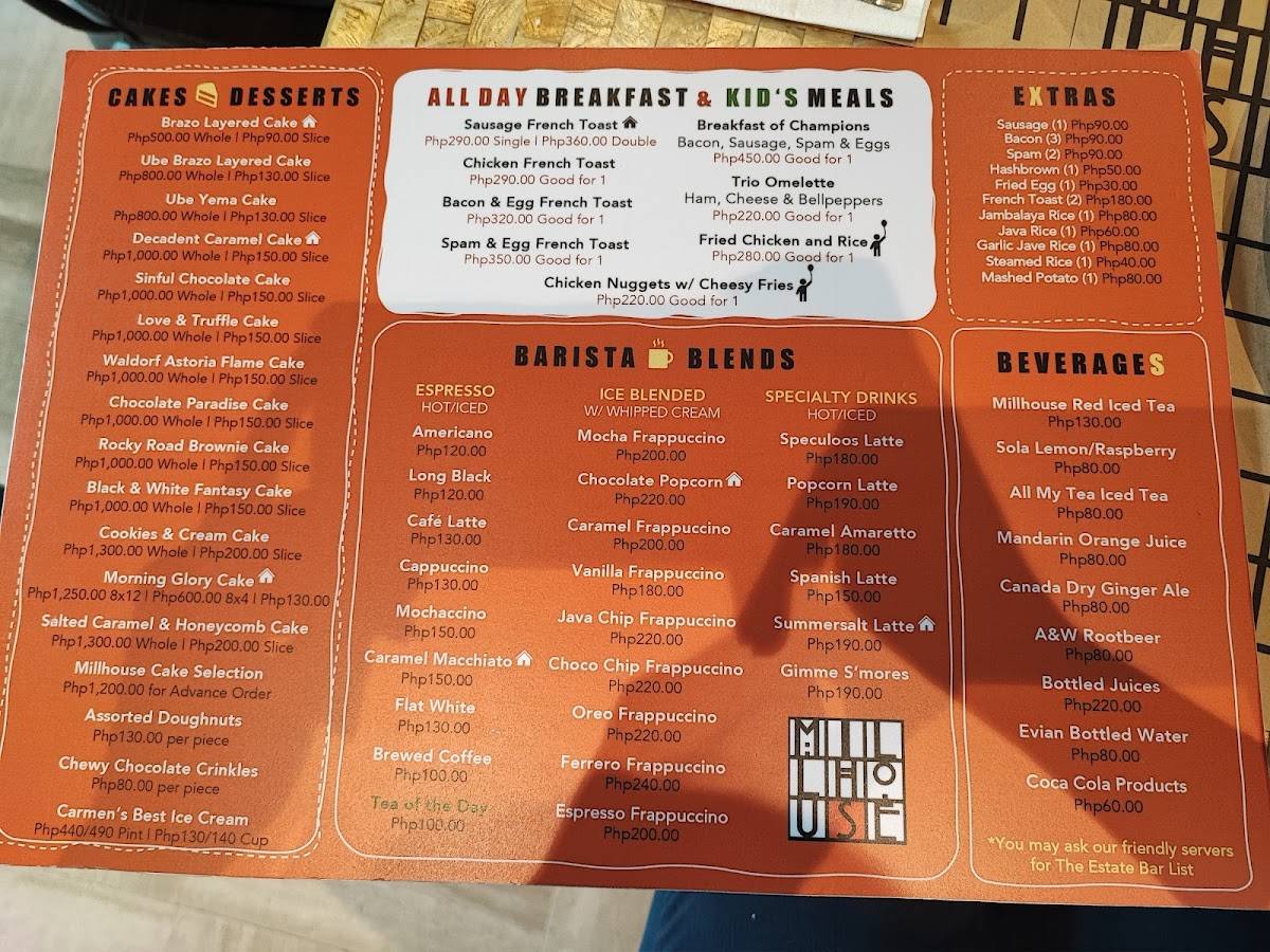Menu at Millhouse restaurant, Baliuag