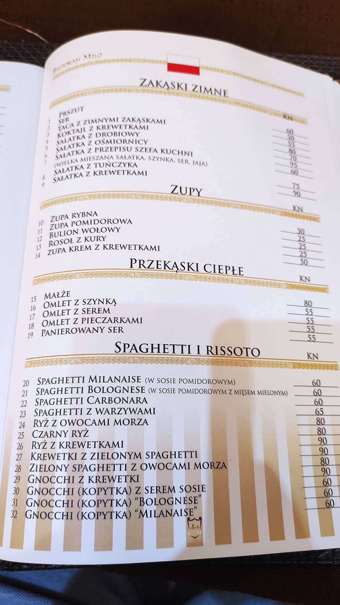 Menu at Milo restaurant, Omiš