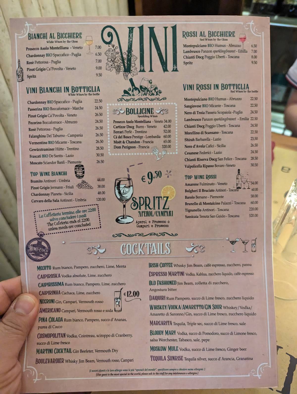 Menu at Mimì e Cocò pub & bar, Rome, Via del Governo Vecchio