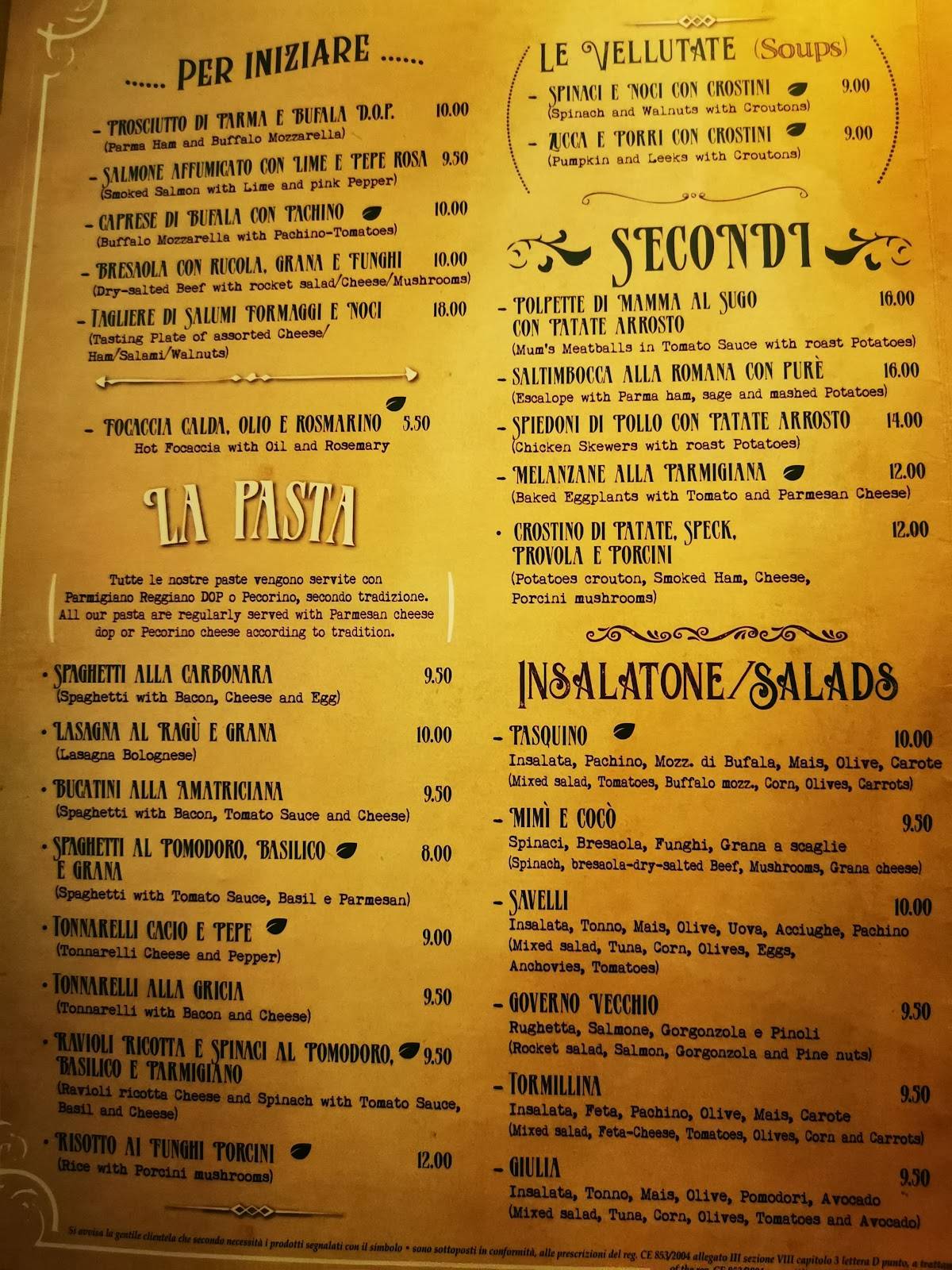 Menu at Mimì e Cocò pub & bar, Rome, Via del Governo Vecchio