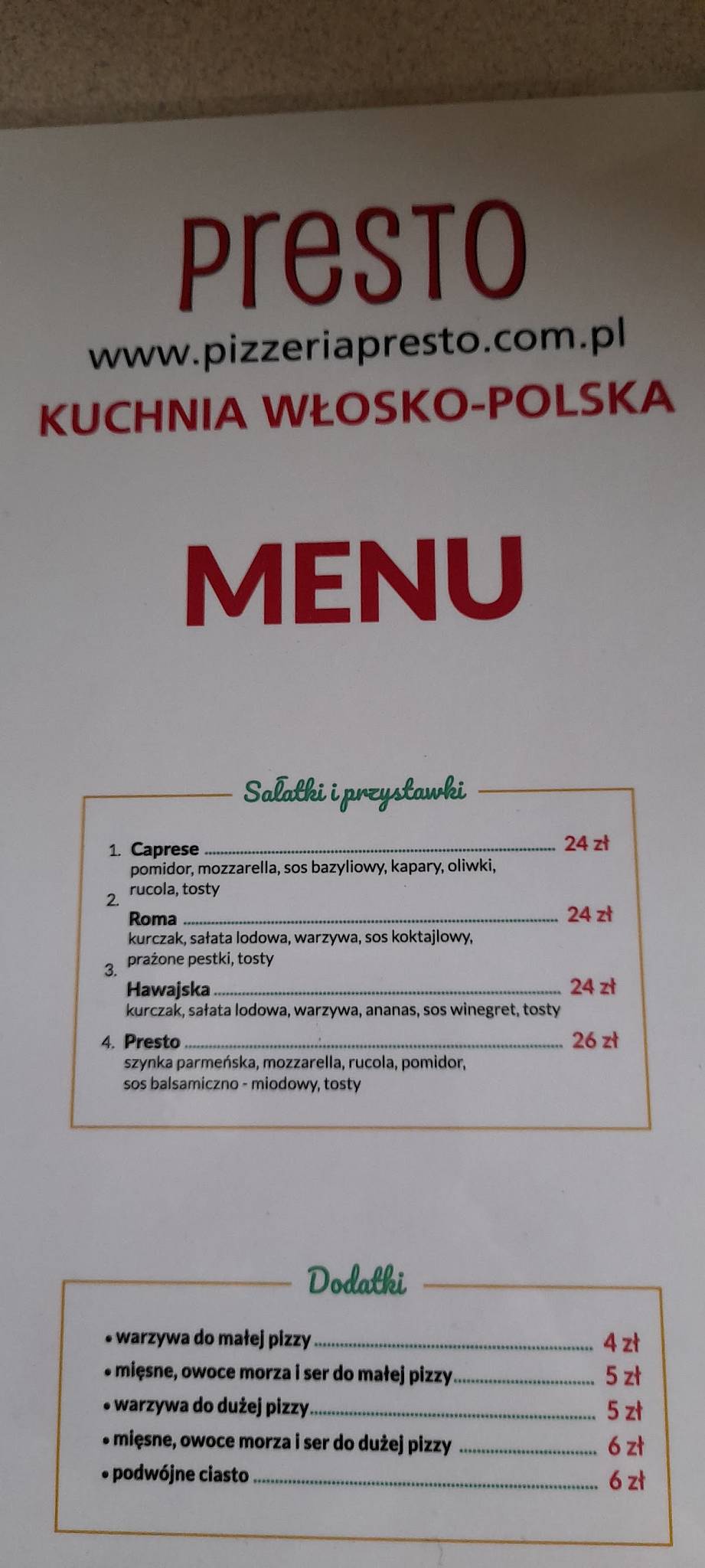 Menu at Pizzeria Presto, Minsk Mazowiecki