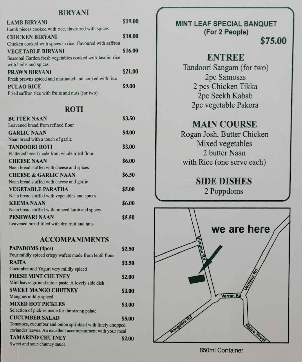 Menu at Mint Leaf Indian Takeaways restaurant, Auckland