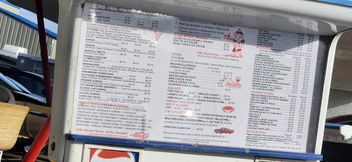 Menu at Bonnie Doon Drive-In restaurant, Mishawaka