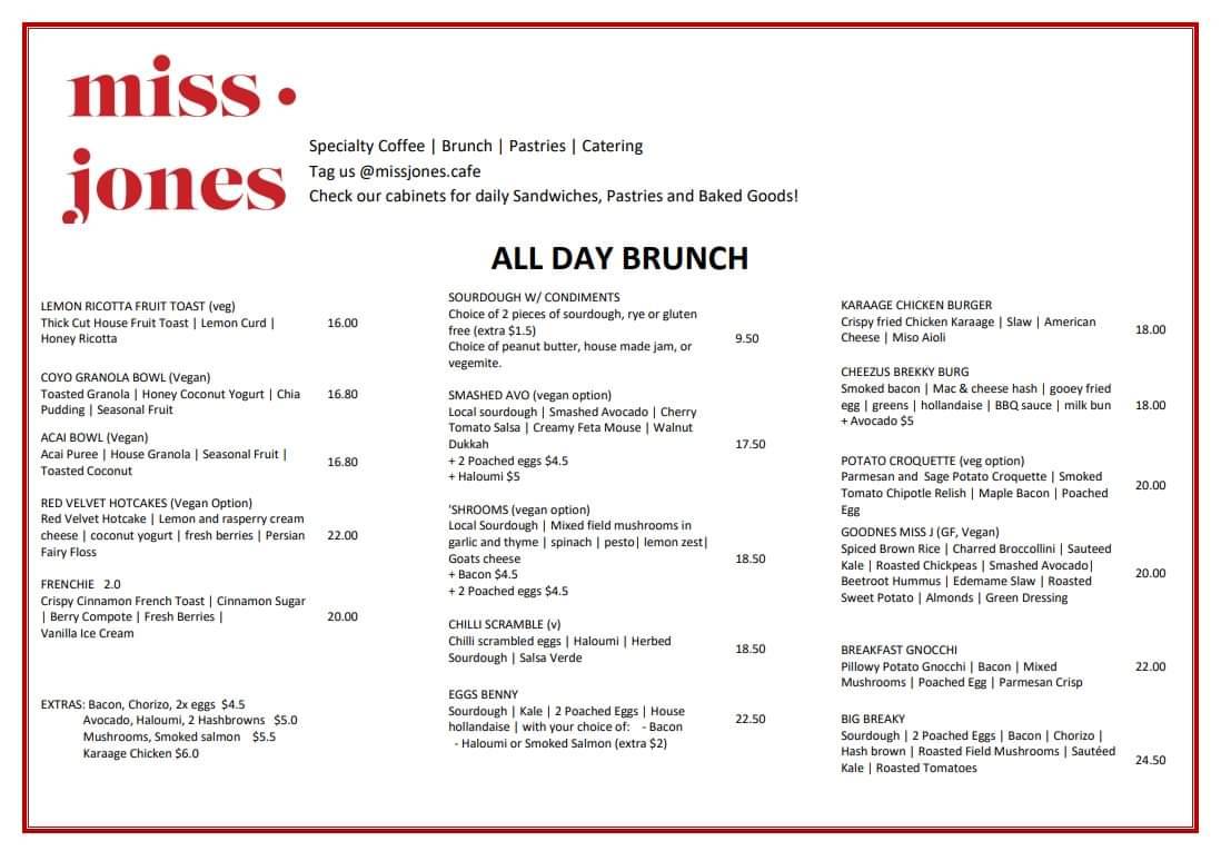 Menu at Miss Jones Cafe, New Farm