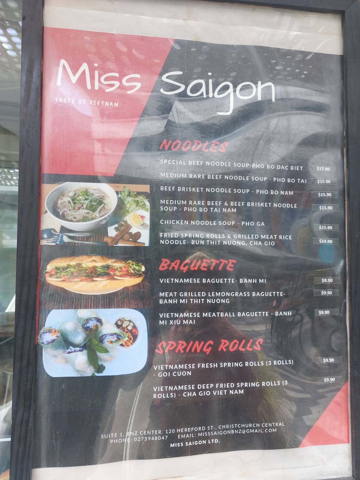 Menu at Miss Saigon restaurant, Christchurch