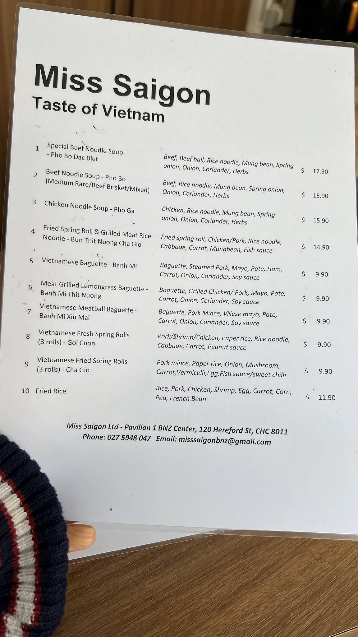 Menu at Miss Saigon restaurant, Christchurch