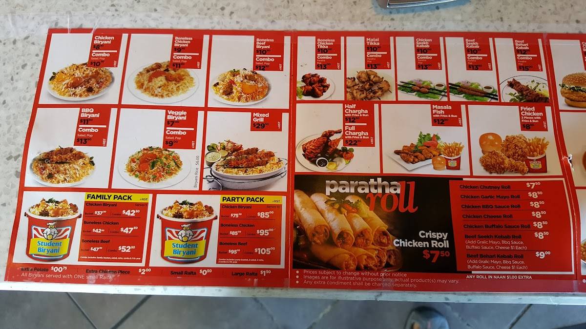 Menu at Student Biryani restaurant, Mississauga, Dream Crest Rd