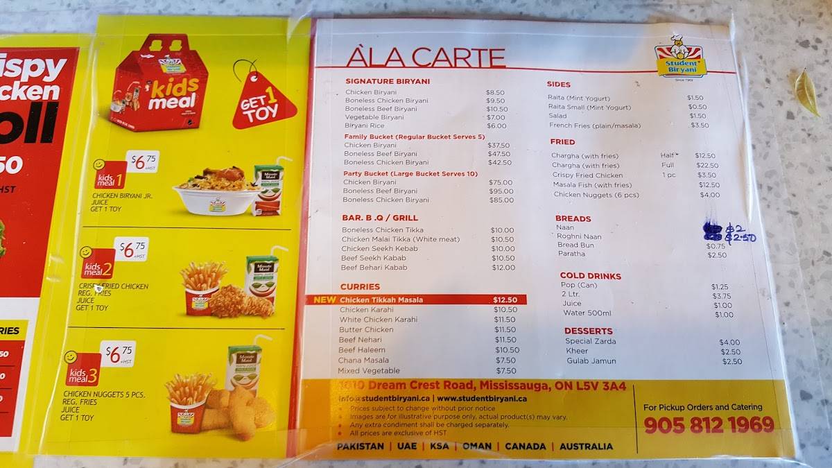 Menu at Student Biryani restaurant, Mississauga, Dream Crest Rd