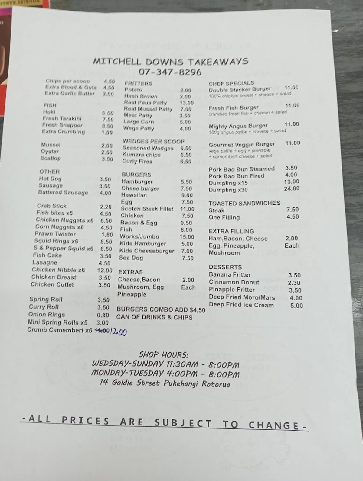 Menu at Mitchell Downs Takeaways & Dairy restaurant, Rotorua