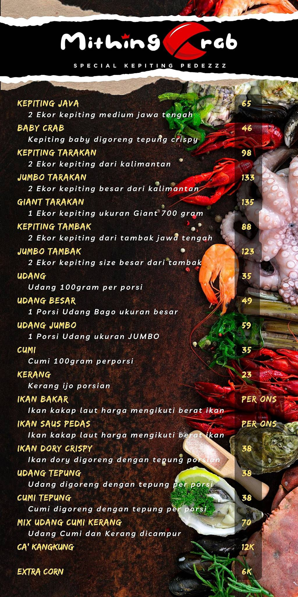 Menu at Mithing CRAB & Mbaloeng IGO restaurant, Banguntapan