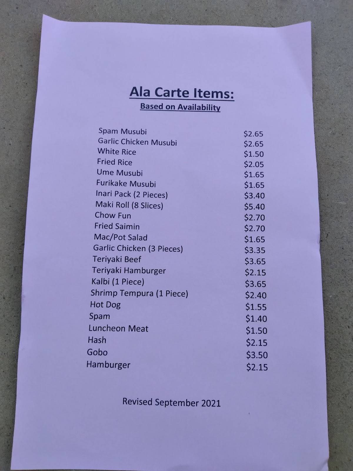 Menu at Mitsu-Ken fast food, Honolulu, N King St