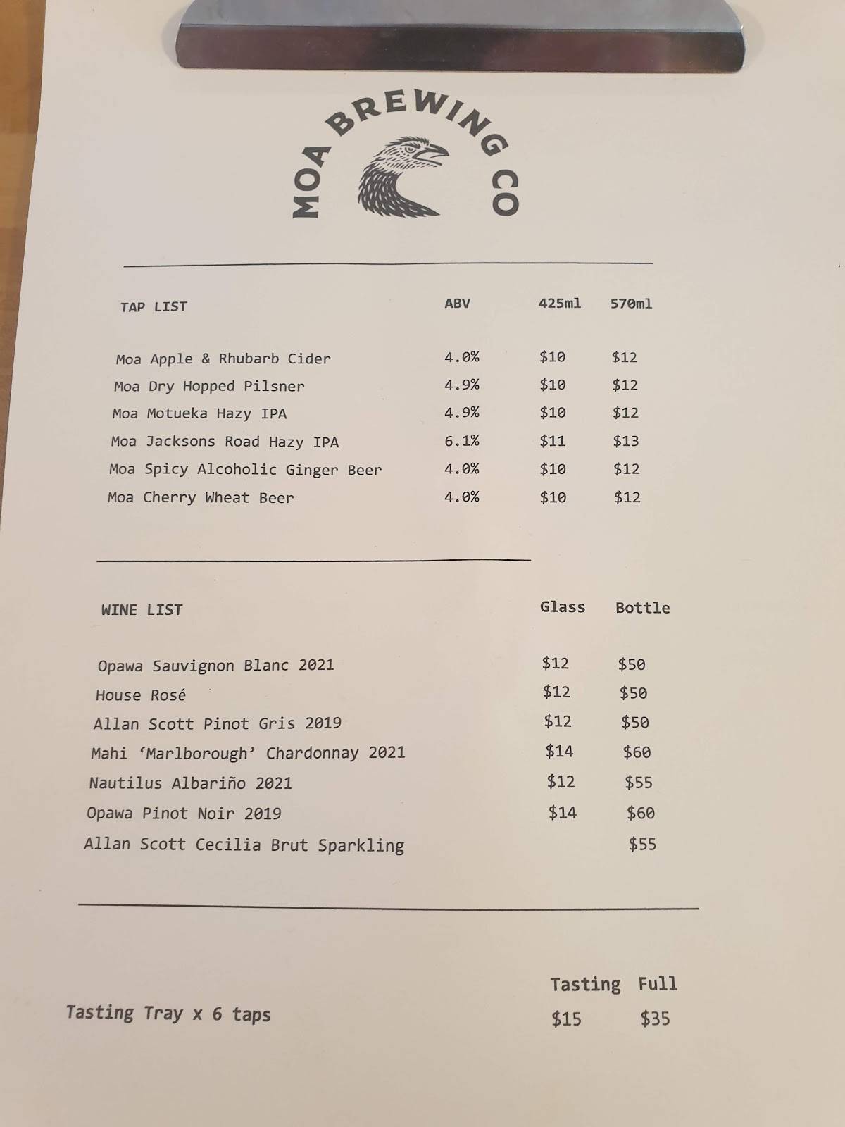 Menu at Moa Tap Room & Food Truck pub & bar, Rapaura