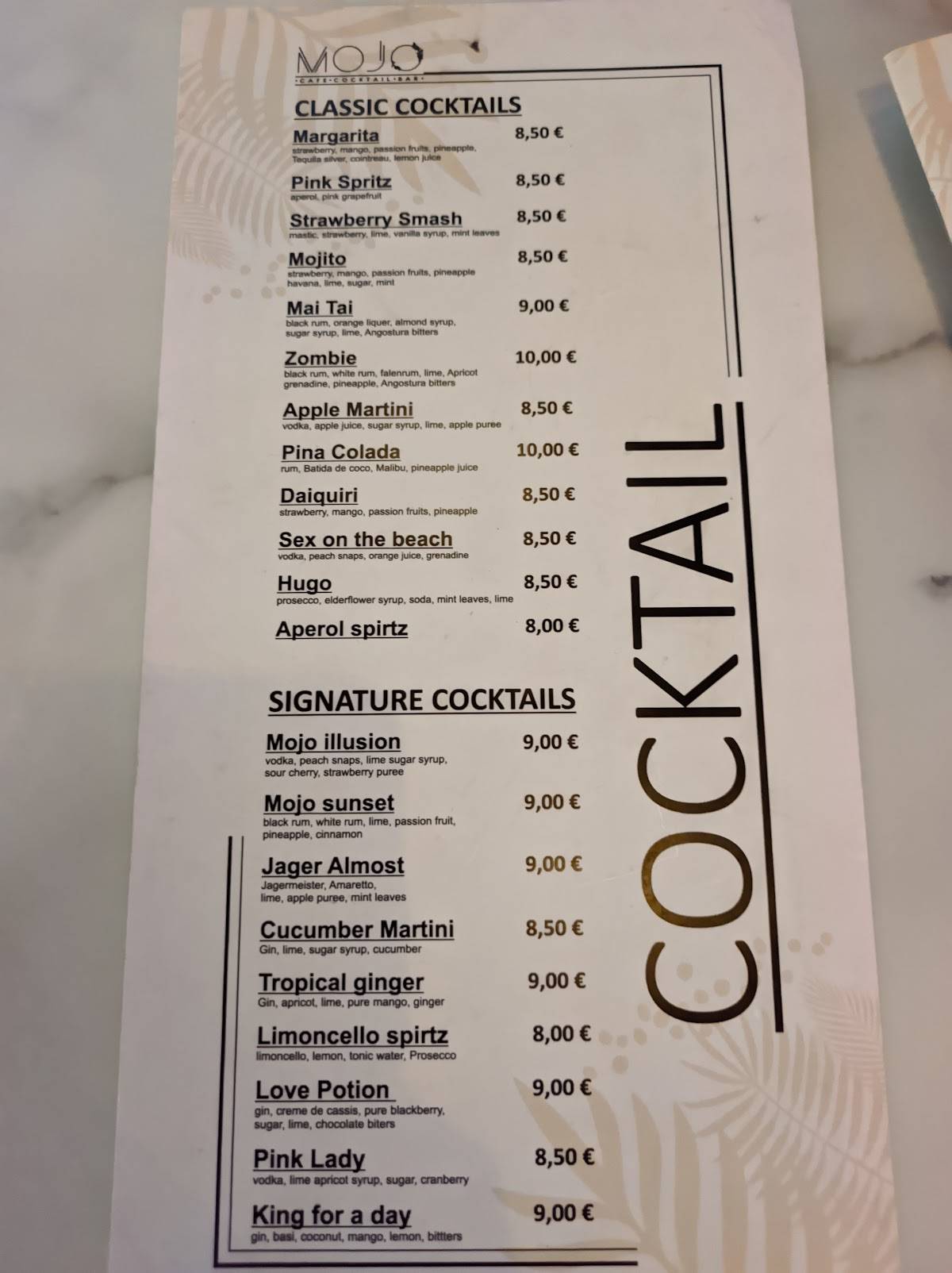 Menu at Mojo Cafe, Kanali