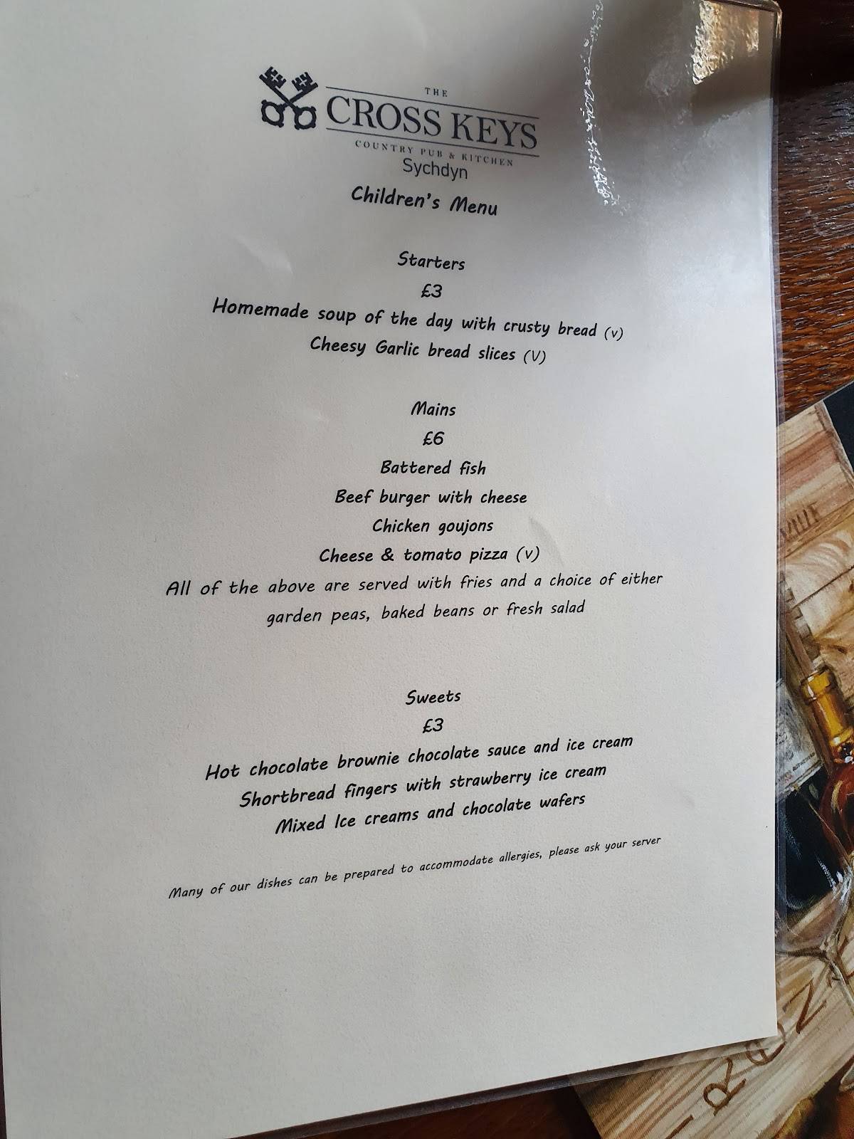 Menu at The Cross Keys pub & bar, Sychdyn