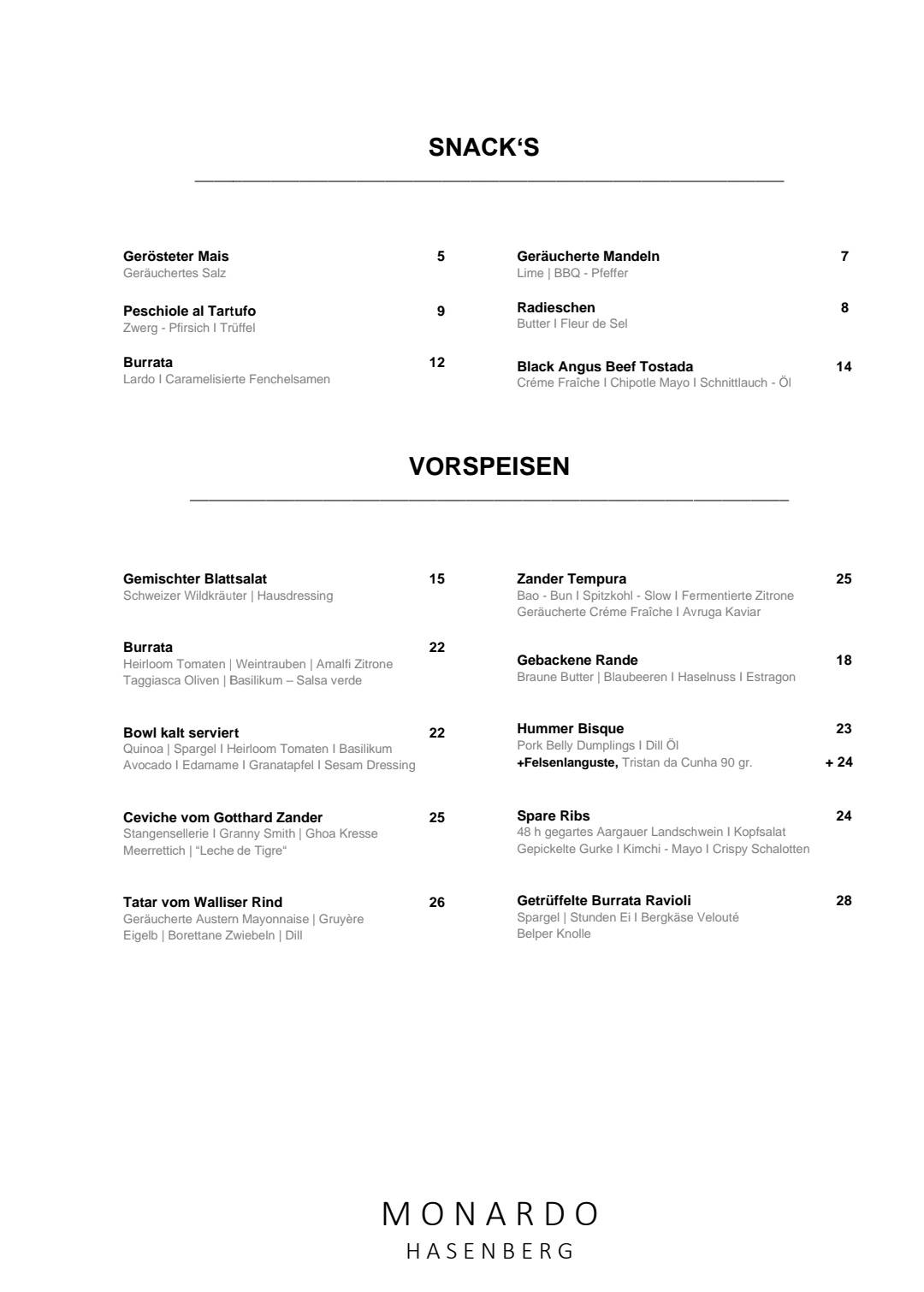 Speisekarte von Monardo Hasenberg, Widen