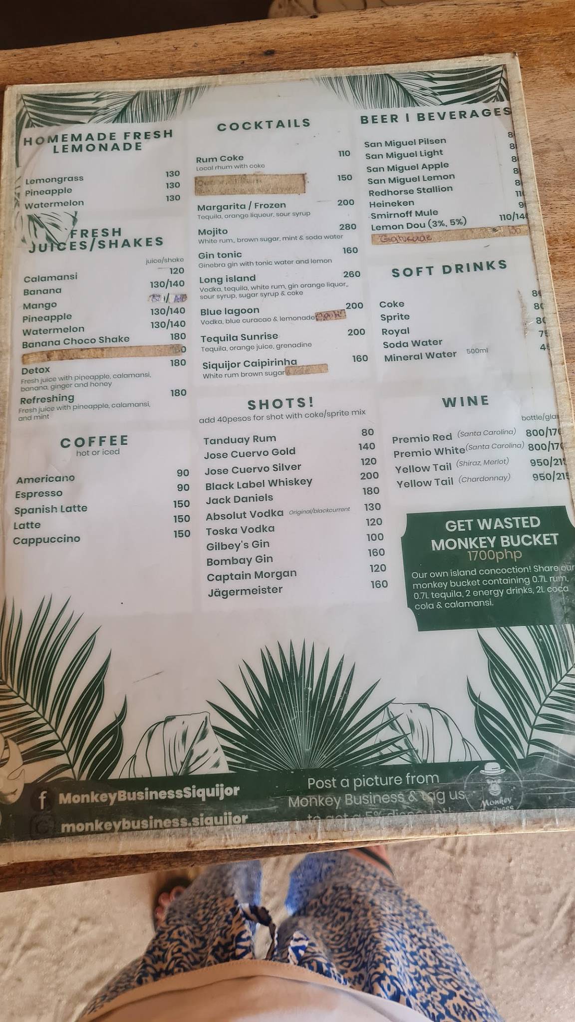 Menu at Monkey Business restaurant, San Juan