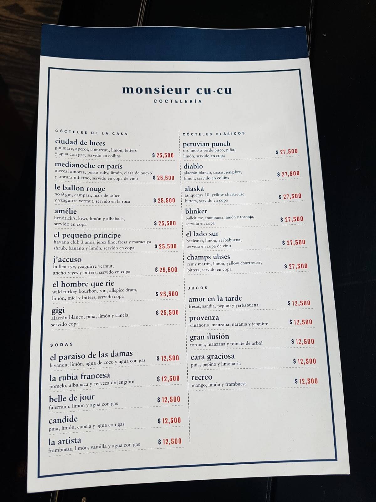 Carta del restaurante Monsieur Cu-Cu, Bogotá
