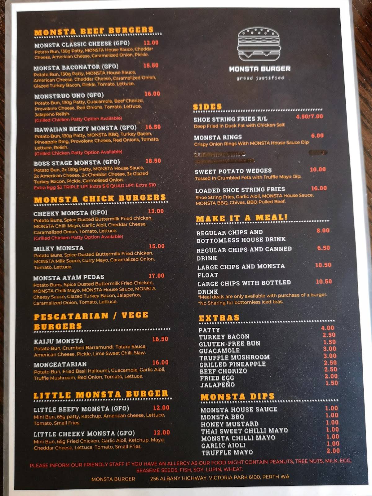 Menu at Monsta Burger restaurant, Victoria Park