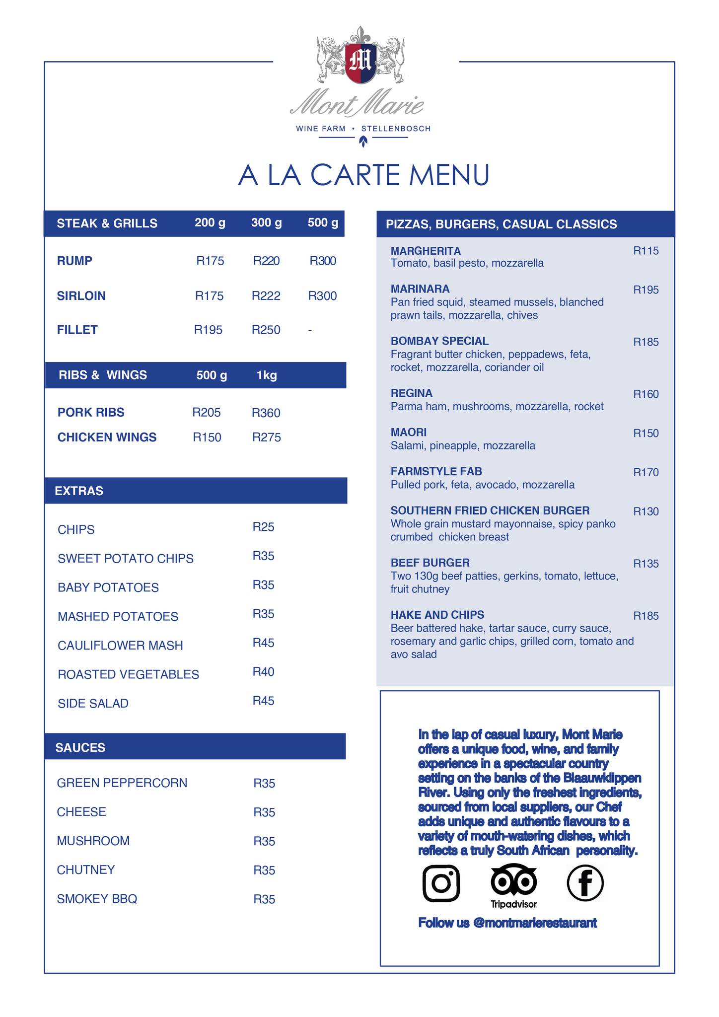 Menu at Mont Marie Restaurant, Stellenbosch
